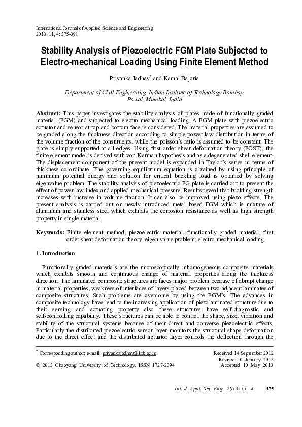 (PDF) Stability Analysis of Piezoelectric FGM Plate Subjected to Electro-mechanical Loading ...