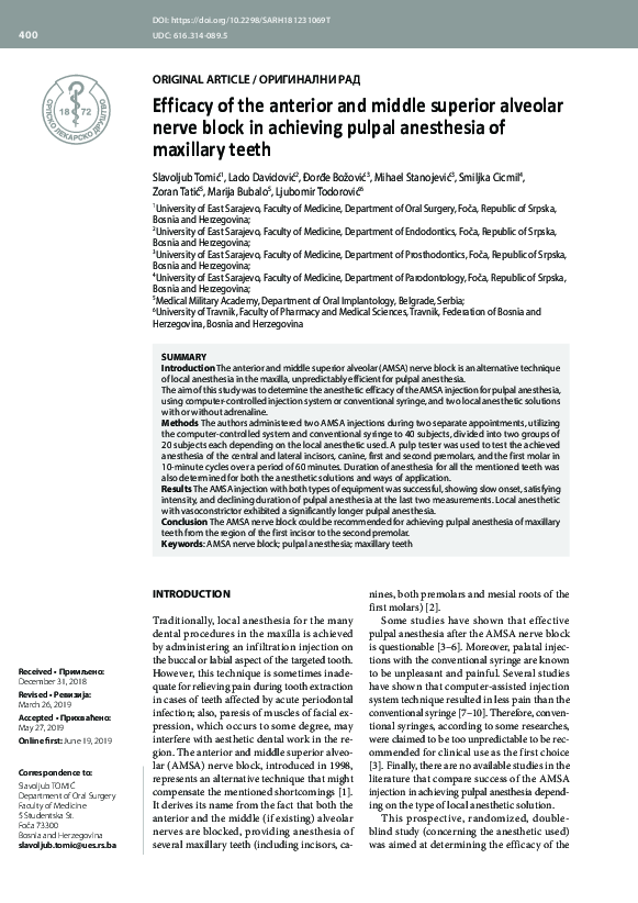 (PDF) Efficacy of the anterior and middle superior alveolar nerve block ...