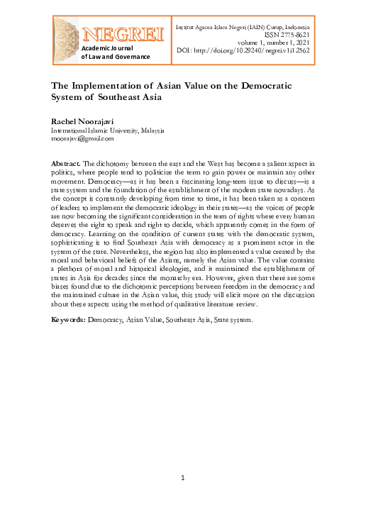 (PDF) The Implementation of Asian Value on the Democratic System of ...