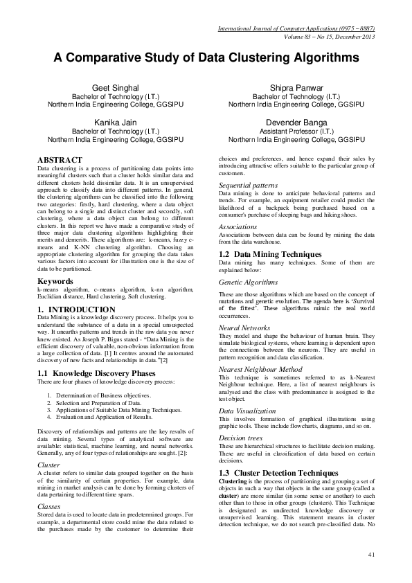 (PDF) A Comparative Study of Data Clustering Algorithms