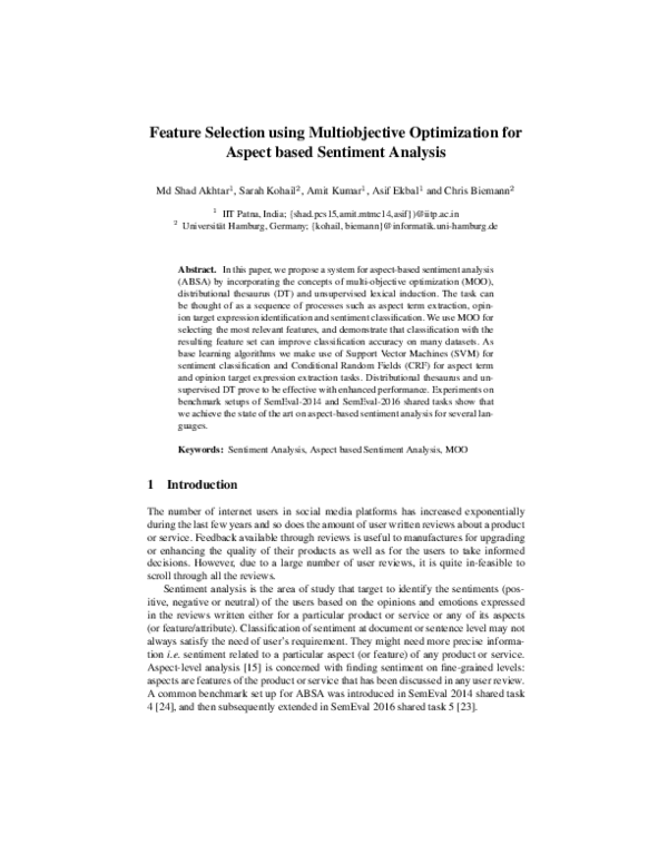(PDF) Feature Selection Using Multi-objective Optimization for Aspect Based Sentiment Analysis