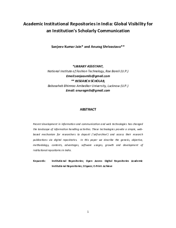 (PDF) Academic Institutional Repositories in India: Global Visibility ...