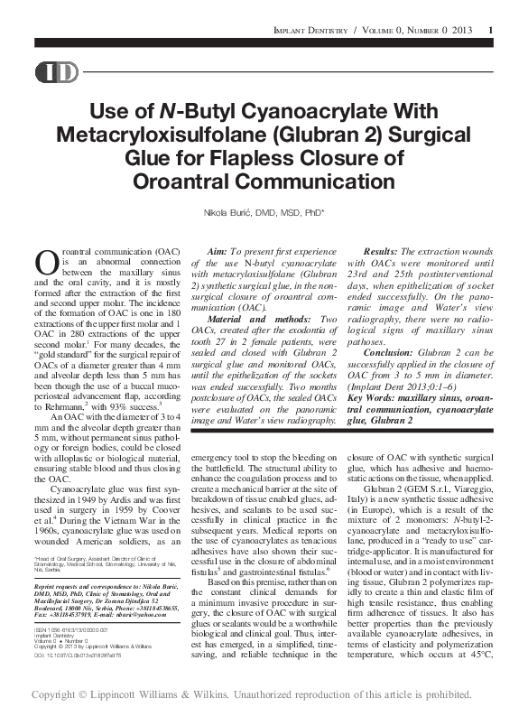 (PDF) Use of N-Butyl Cyanoacrylate With Metacryloxisulfolane (Glubran 2 ...