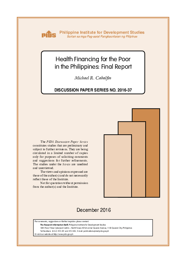 (PDF) Health Financing for the Poor in the Philippines: Final Report