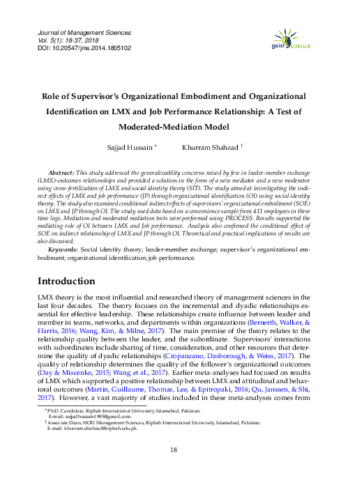 (PDF) Role of Supervisor’s Organizational Embodiment and Organizational Identification on LMX ...