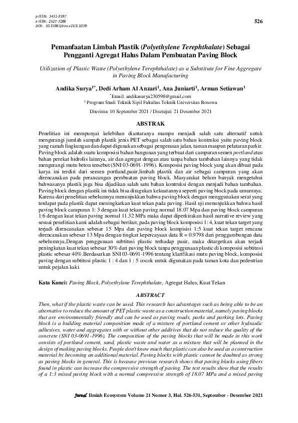 (PDF) Pemanfaatan Limbah Plastik Polyethylene Terephthalate Sebagai Pengganti Agregat Halus ...