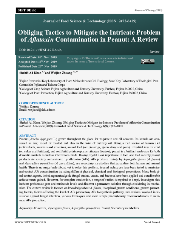 (PDF) Obliging Tactics to Mitigate the Intricate Problem of Aflatoxin Contamination in Peanut: A ...