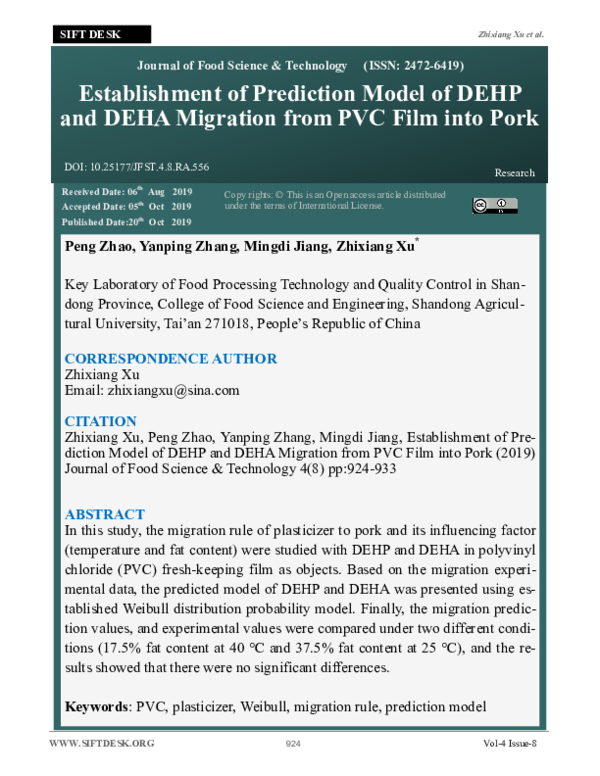 (PDF) Establishment of Prediction Model of DEHP and DEHA Migration from ...