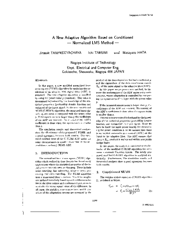 Pdf A New Adaptive Algorithm Based On Conditioned Normalized Lms Method