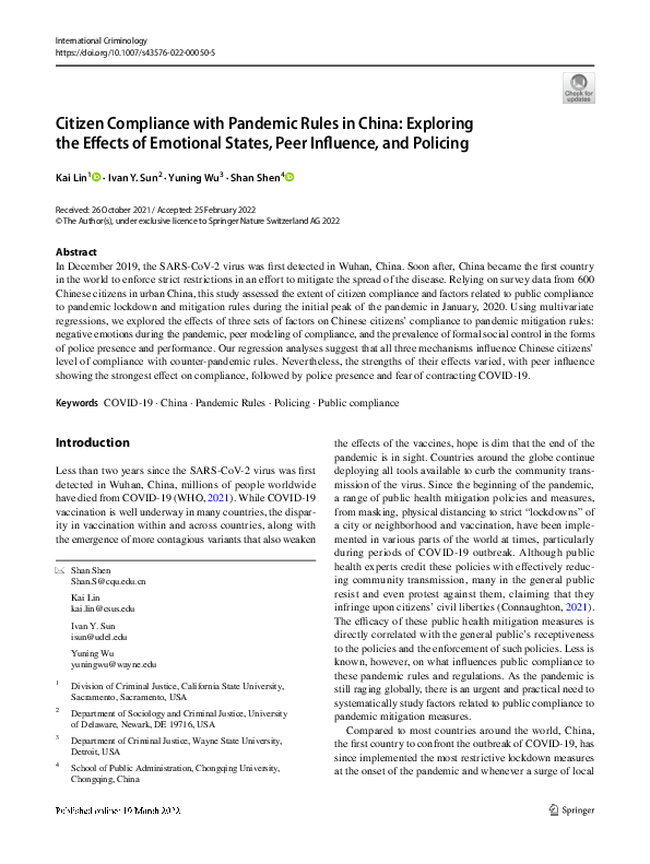 (PDF) Citizen Compliance with Pandemic Rules in China: Exploring the ...