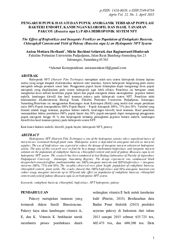 (PDF) PENGARUH PUPUK HAYATI DAN PUPUK ANORGANIK TERHADAP POPULASI BAKTERI ENDOFIT, KANDUNGAN ...