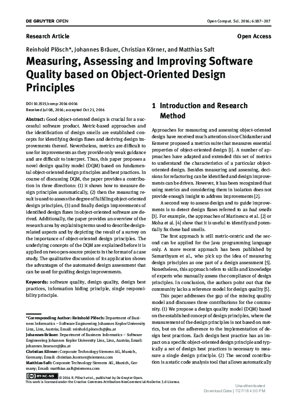 Pdf Measuring Assessing And Improving Software Quality Based On