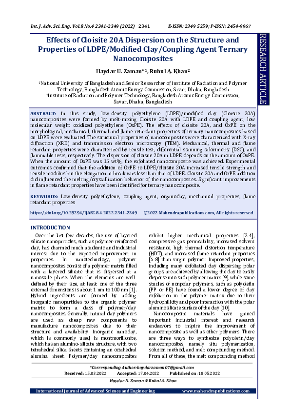 (PDF) Effects of Cloisite 20A Dispersion on the Structure and ...