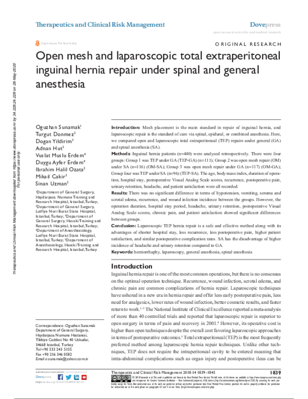 (PDF) Open mesh and laparoscopic total extraperitoneal inguinal hernia ...