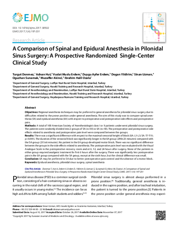 (PDF) A comparison of spinal and epidural anesthesia in pilonidal sinus ...