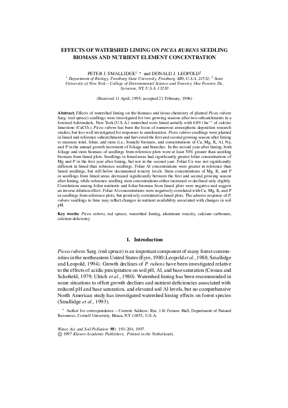 (PDF) Effects of watershed liming onPicea rubens seedling biomass and ...
