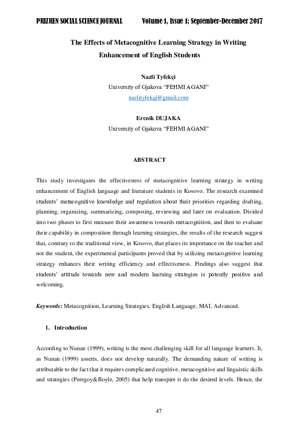 (PDF) The Effects of Metacognitive Learning Strategy in Writing Enhancement of English Students