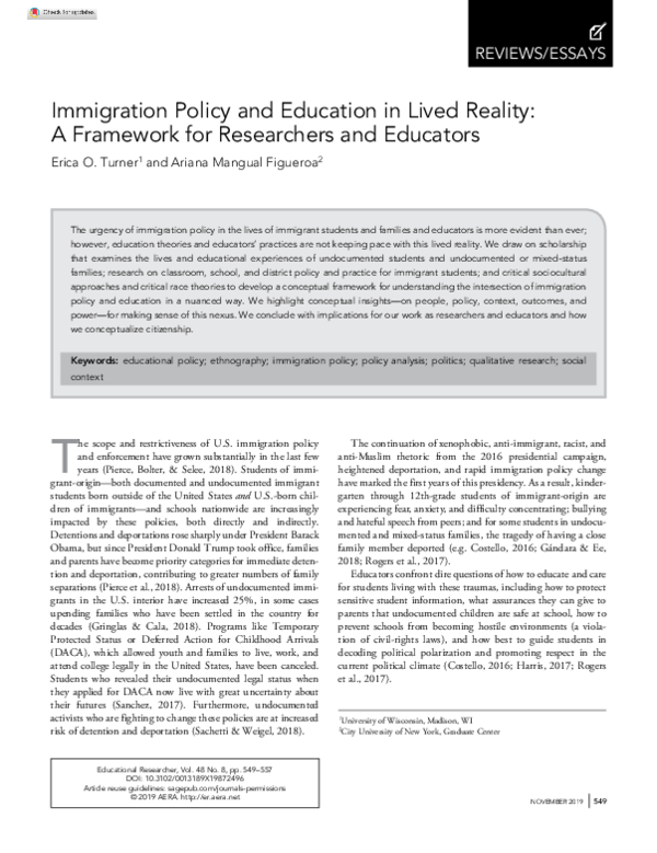 (PDF) Immigration Policy and Education in Lived Reality: A Framework ...