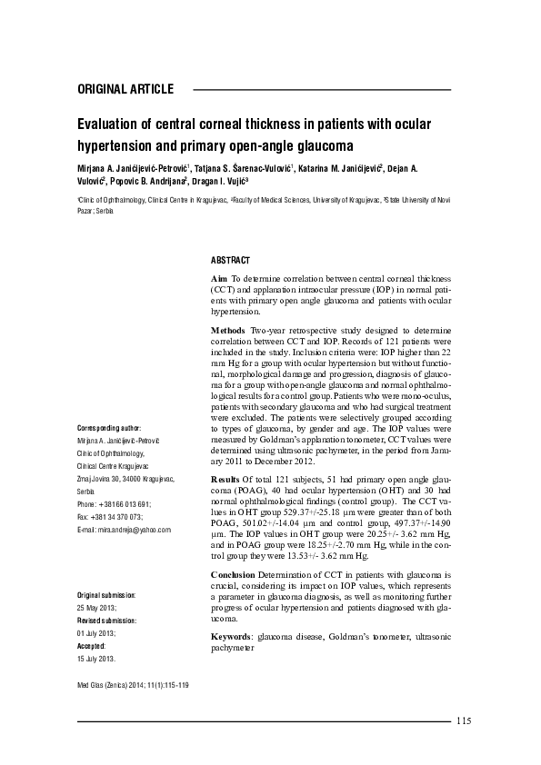 (PDF) Evaluation of central corneal thickness in patients with ocular hypertension and primary ...
