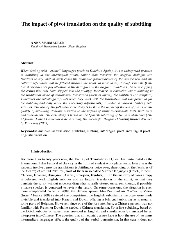 (PDF) The impact of pivot translation on the quality of subtitling