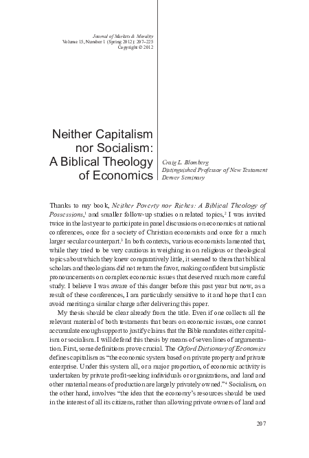 (PDF) Neither Capitalism nor Socialism: A Biblical Theology of Economics