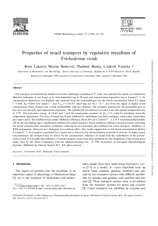 (PDF) Properties of uracil transport by vegetative mycelium of Trichoderma viride