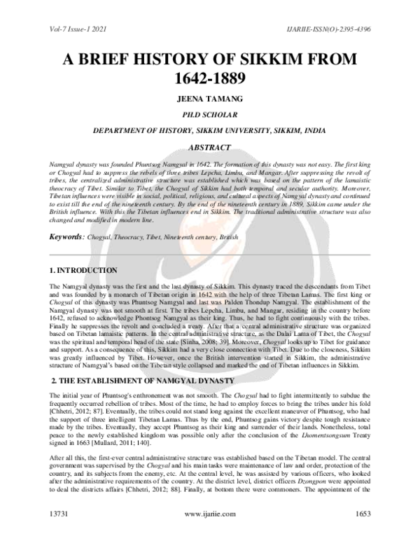 (PDF) A Brief History of Sikkim From 1642-1889