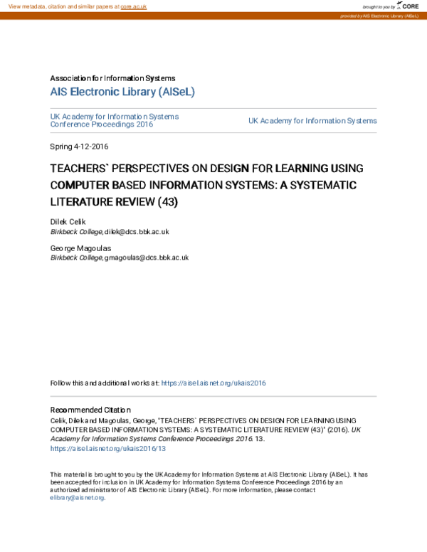 (PDF) Teachers' Perspectives on Design for Learning using Computer ...