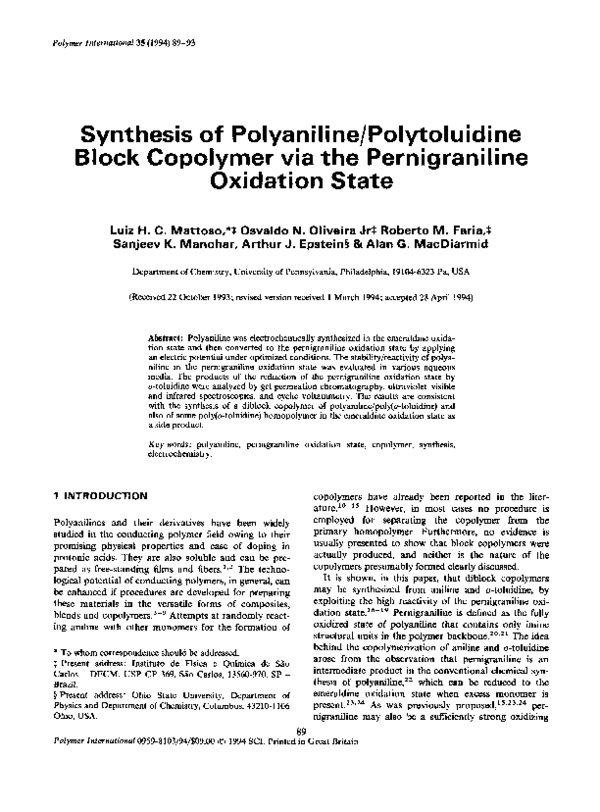 (PDF) Synthesis of polyaniline/polytoluidine block copolymer via the pernigraniline oxidation state