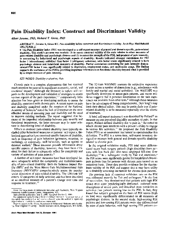 (PDF) Pain Disability Index: Construct and discriminant validity