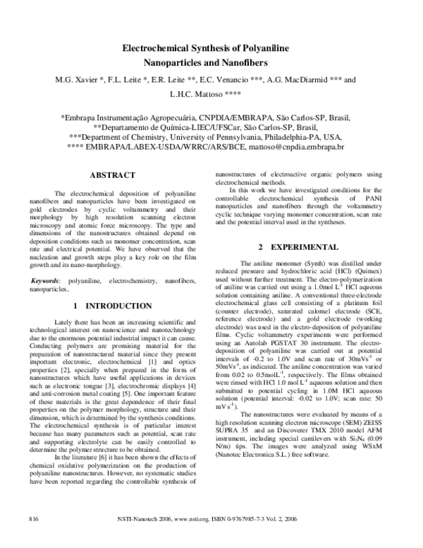 (PDF) Electrochemical Synthesis of Polyaniline Nanoparticles and Nanofibers