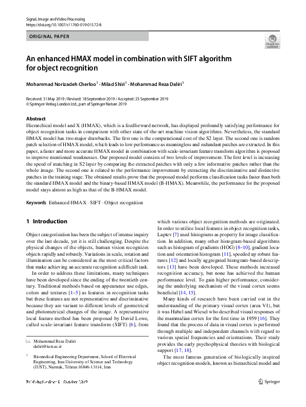Pdf An Enhanced Hmax Model In Combination With Sift Algorithm For