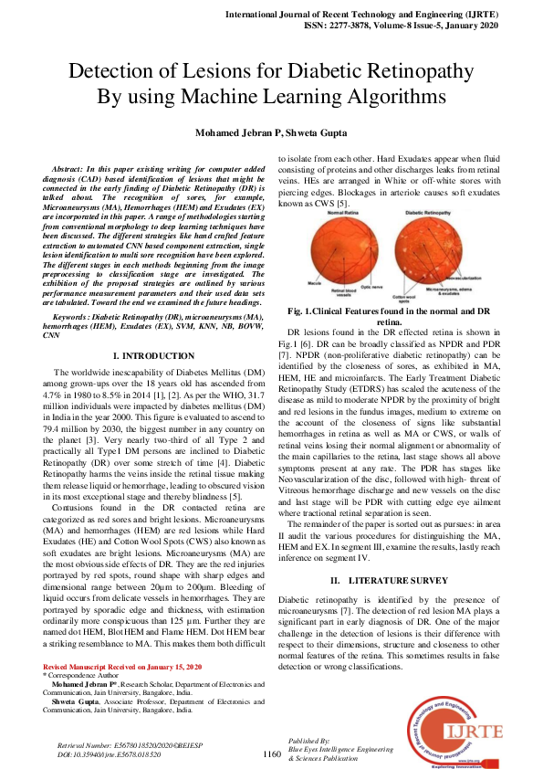 Pdf Detection Of Lesions For Diabetic Retinopathy By Using Machine Learning Algorithms