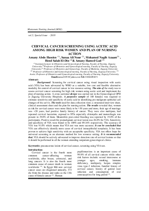 (PDF) Cervical Cancer Screening Using Acetic Acid Among High Risk Women ...