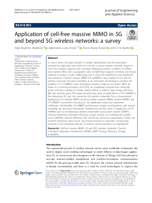 (PDF) Application of cell-free massive MIMO in 5G and beyond 5G wireless networks: a survey ...