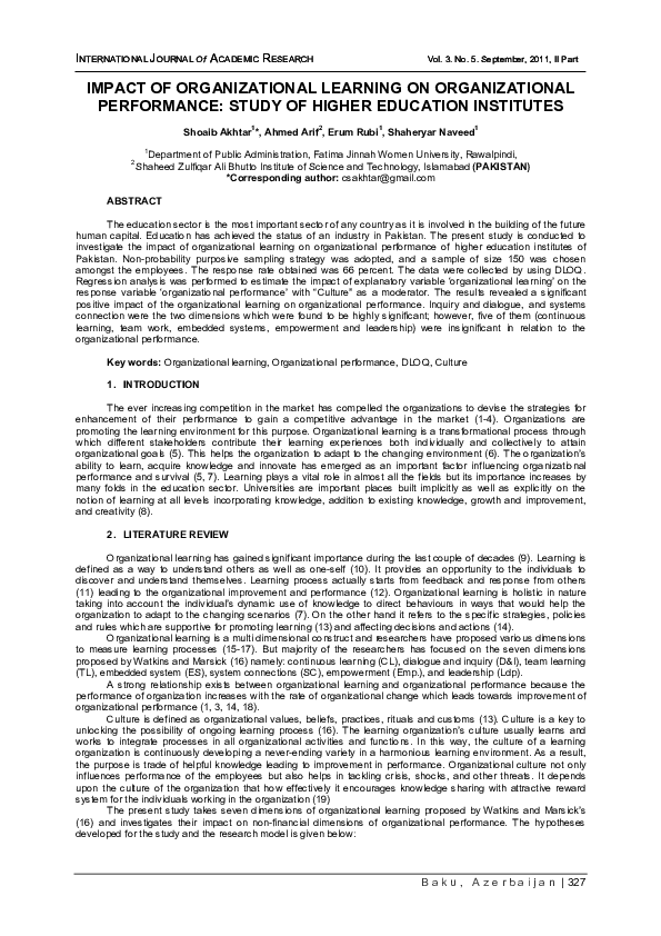 (PDF) IMPACT OF ORGANIZATIONAL LEARNING ON ORGANIZATIONAL PERFORMANCE ...