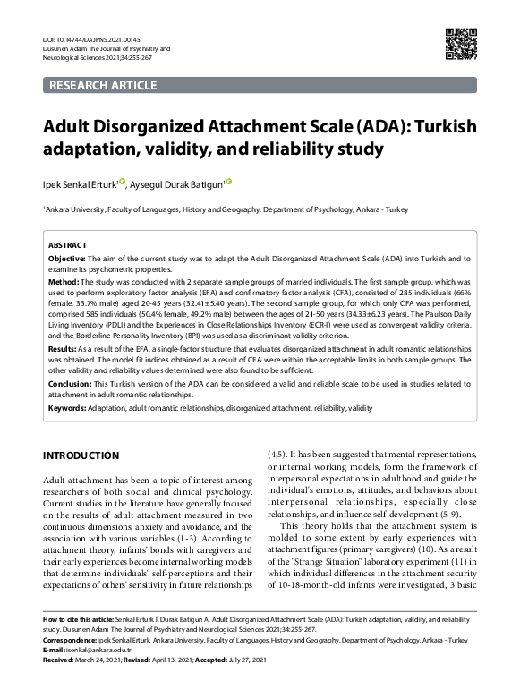 (PDF) Turkish Adaptation of Adult Disorganized Attachment Scale