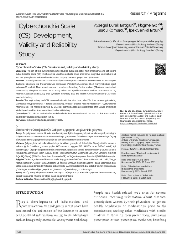 (PDF) Cyberchondria Scale (CS): Development, validity and reliability study