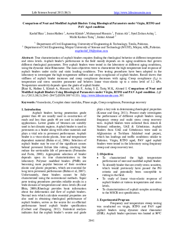 (PDF) Comparison of Neat and Modified Asphalt Binders Using Rheological ...