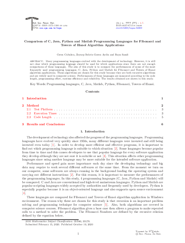 Pdf Comparison Of C Java Python And Matlab Programming Languages For Fibonacci And Towers Of