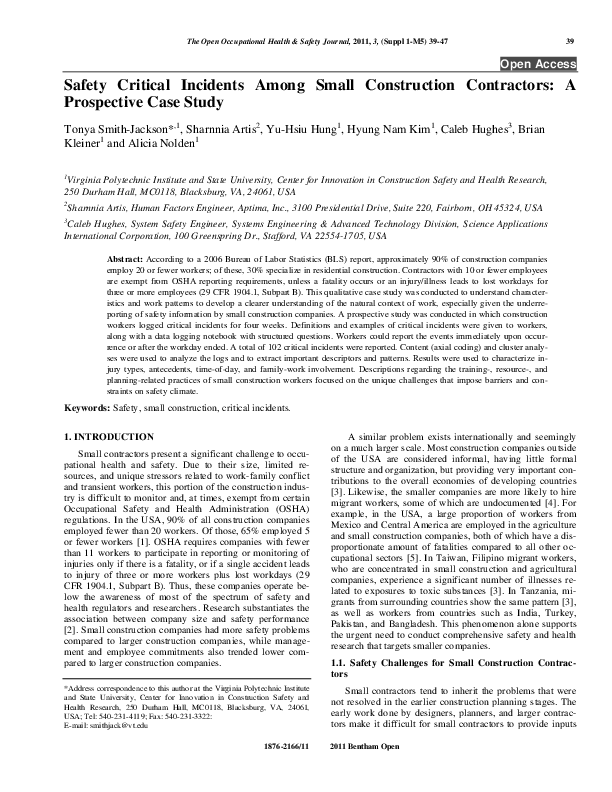 (PDF) Safety Critical Incidents Among Small Construction Contractors: A ...