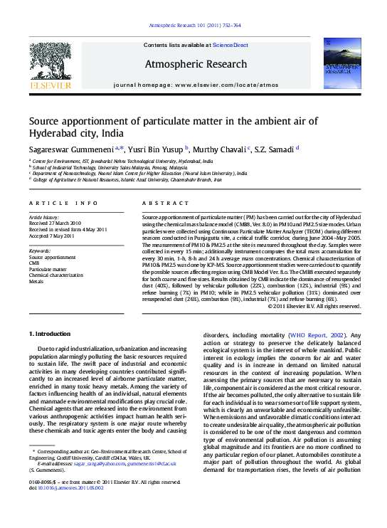 (PDF) Source apportionment of particulate matter in the ambient air of Hyderabad city, India