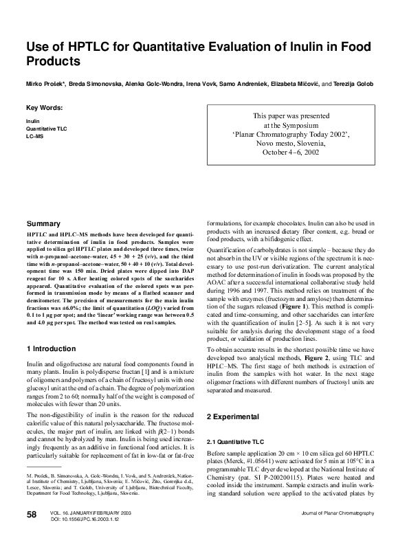 (PDF) Use of HPTLC for quantitative evaluation of inulin in food products