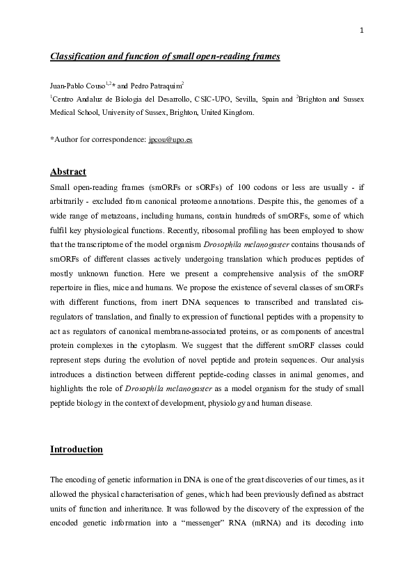 (PDF) Classification and function of small open reading frames