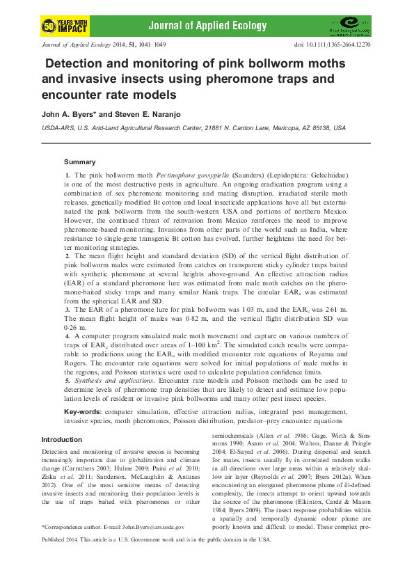 (PDF) Detection and monitoring of pink bollworm moths and invasive insects using pheromone traps ...