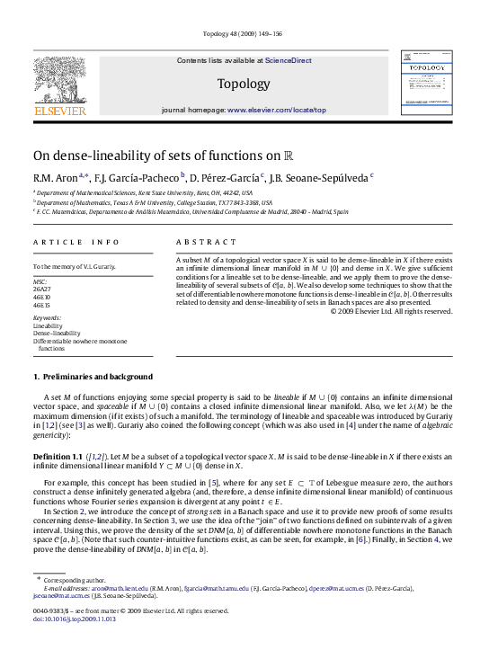 (PDF) On dense-lineability of sets of functions on