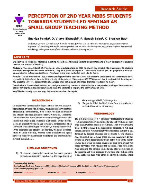 (PDF) Perception of 2ND Year MBBS Students Towards Student-Led Seminar ...