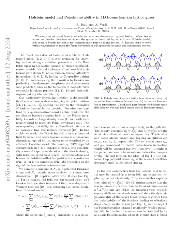 (PDF) Holstein model and Peierls instability in one-dimensional boson-fermion lattice gases