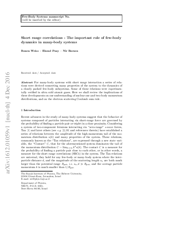 (PDF) Short Range Correlations: The Important Role of Few-Body Dynamics ...