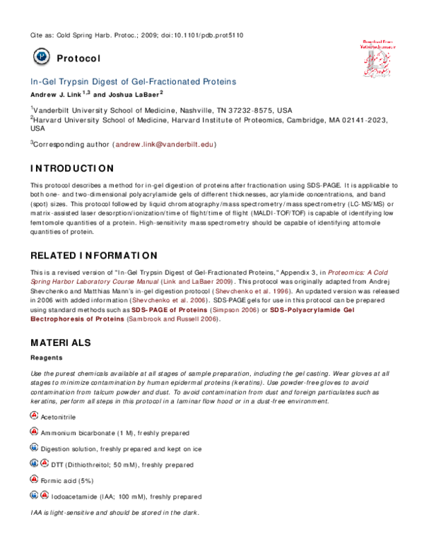 (PDF) In-gel trypsin digest of gel-fractionated proteins